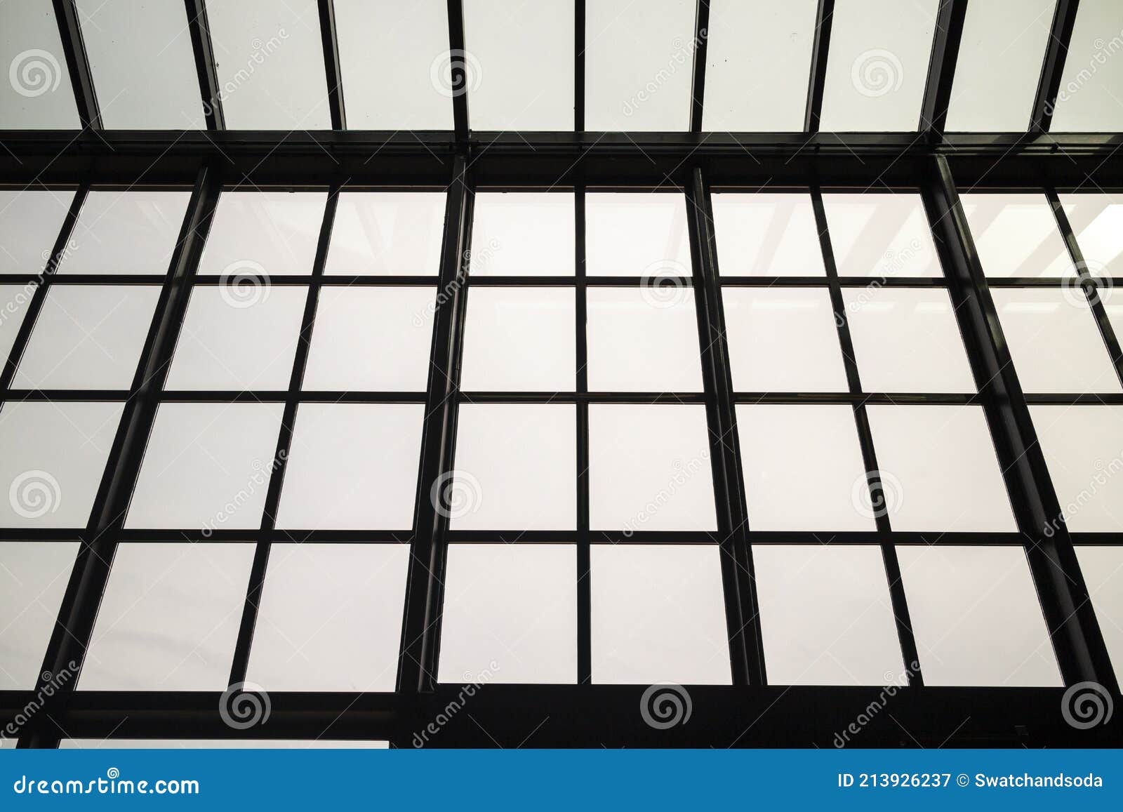 Looking Up View at Large Window Paneled Ceiling and Wall from Inside ...