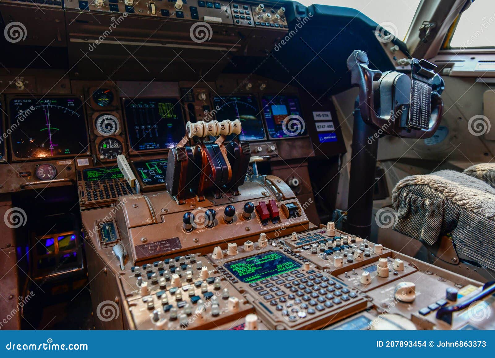 Cockpit In The Airplane, Wide View Of The Control Panel And Pilot Seats ...