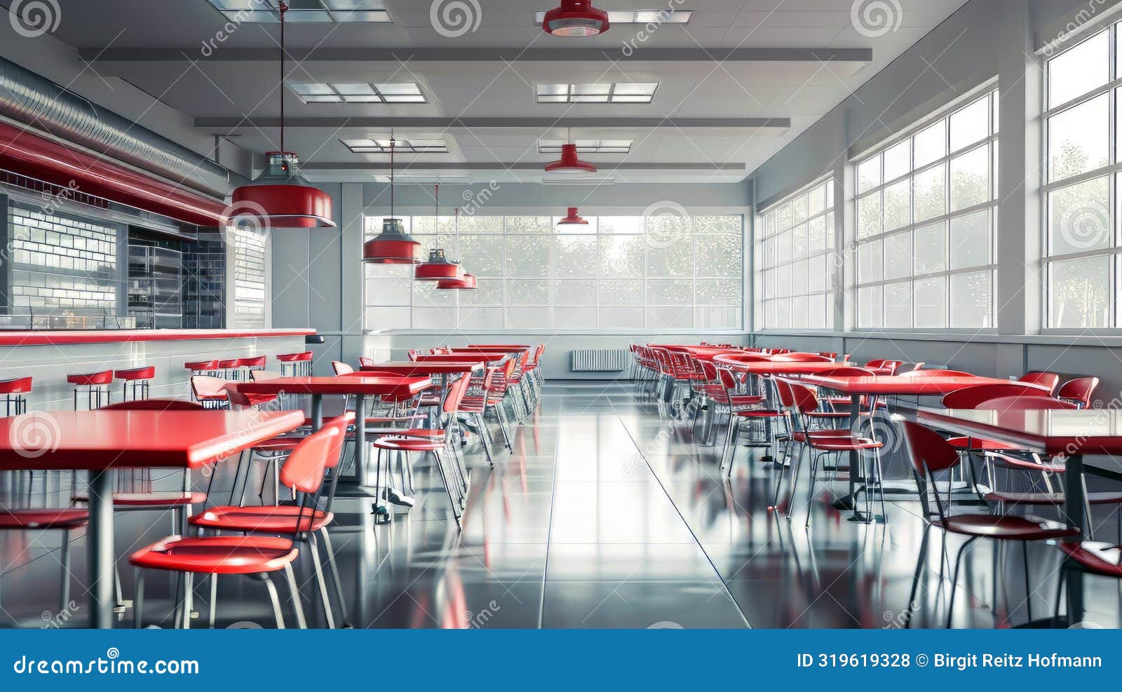 Interior View of a Red and White Modern Canteen Stock Illustration ...