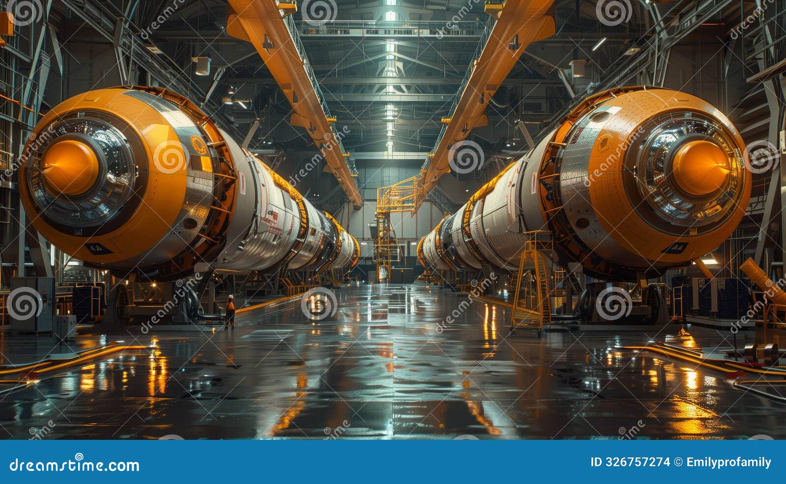 Interior View of Rocket Assembly Facility with Two Large Rockets Under ...