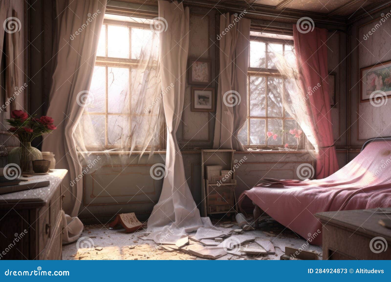 Interior View of a Room with a Damaged Window and Curtains Stock ...