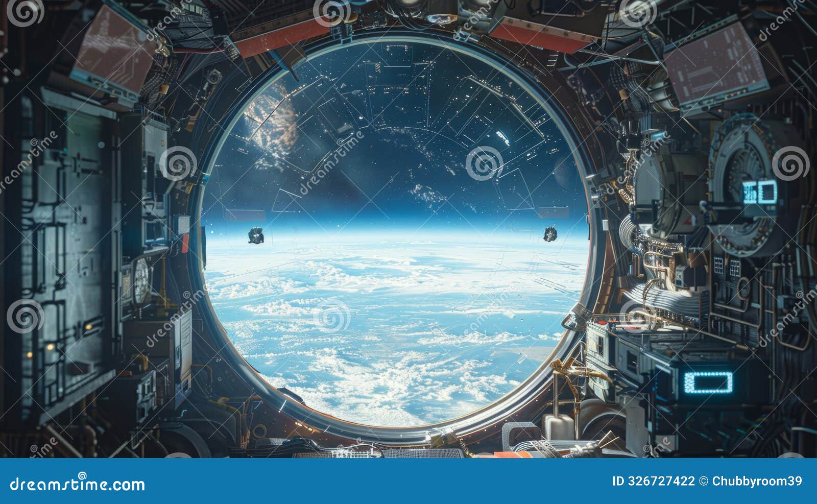 Interior View of a Spacecraft with a Large Circular Window Showing a ...
