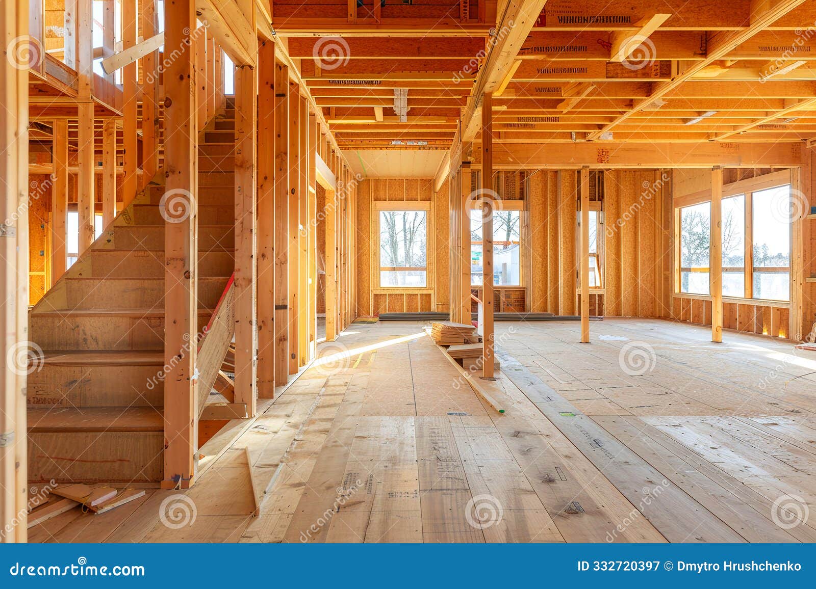 Interior View of a Wooden House Frame during Construction with Natural ...