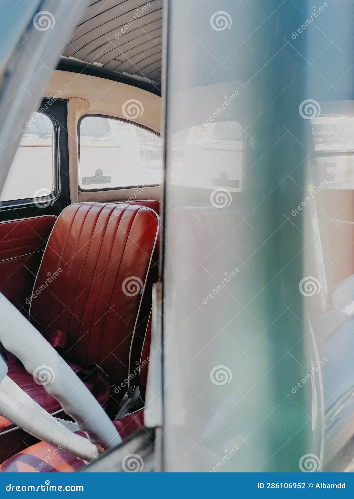 Interior of a Vintage Car from the Window, with Brown Leather Seats and ...