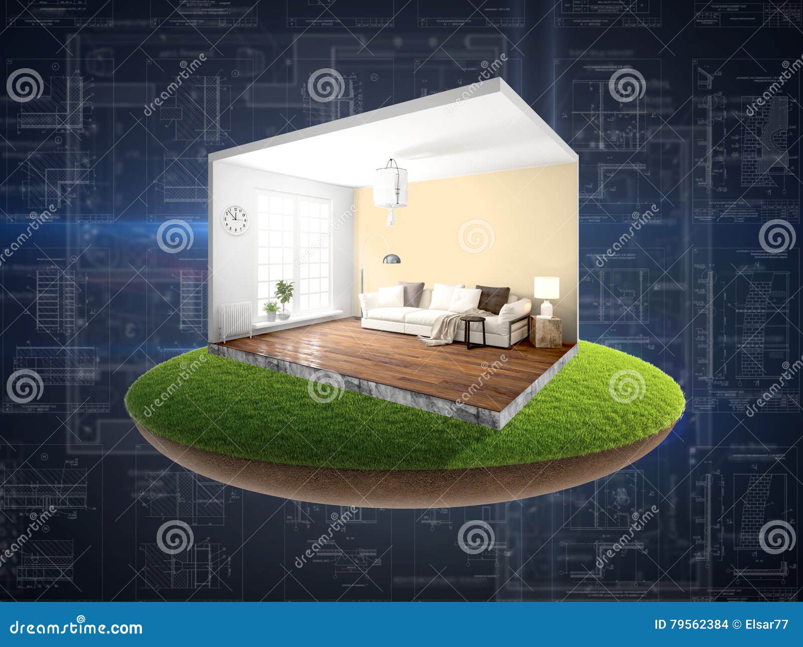 Interior without Walls. 3D Rendering Stock Illustration - Illustration ...