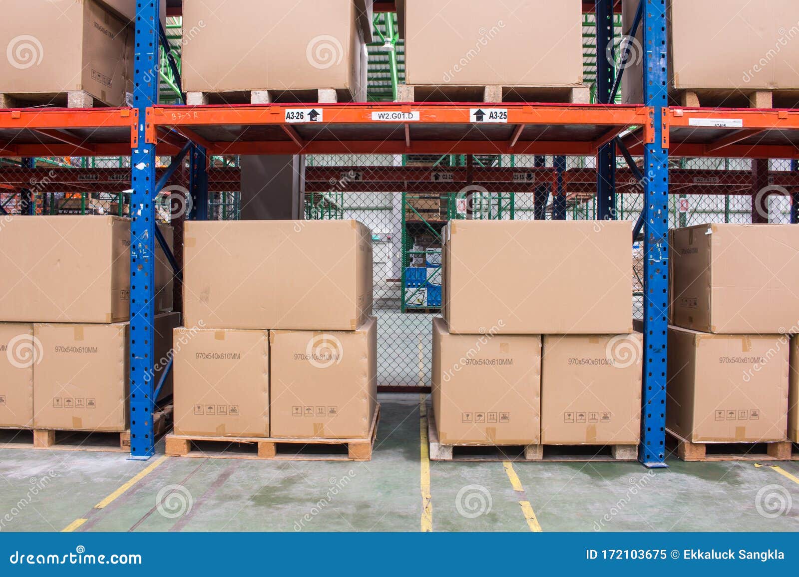 Interior of Warehouse. Rows of Shelves with Boxes Stock Image - Image ...