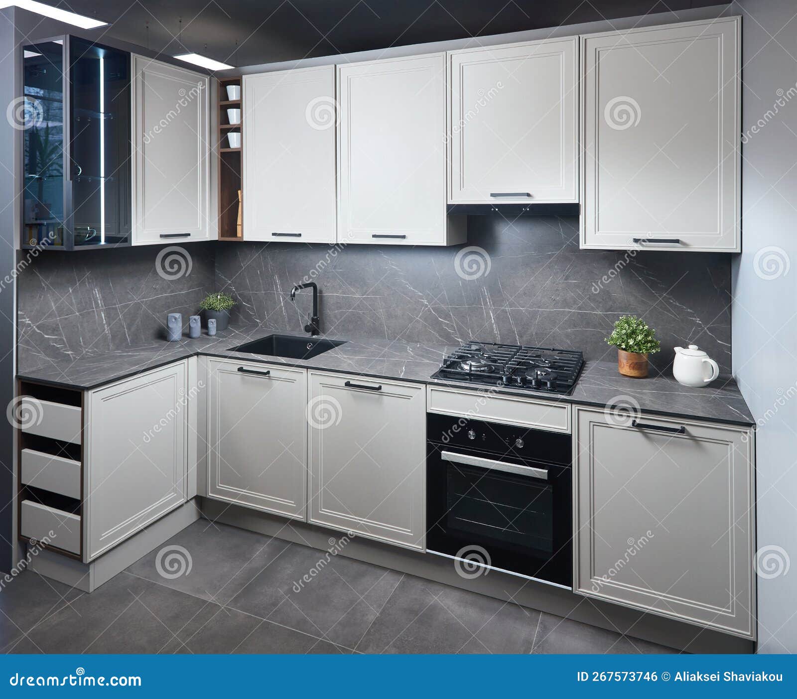 Interior of White and Grey Kitchen, Horizontal, Linear Layout. Luxury ...