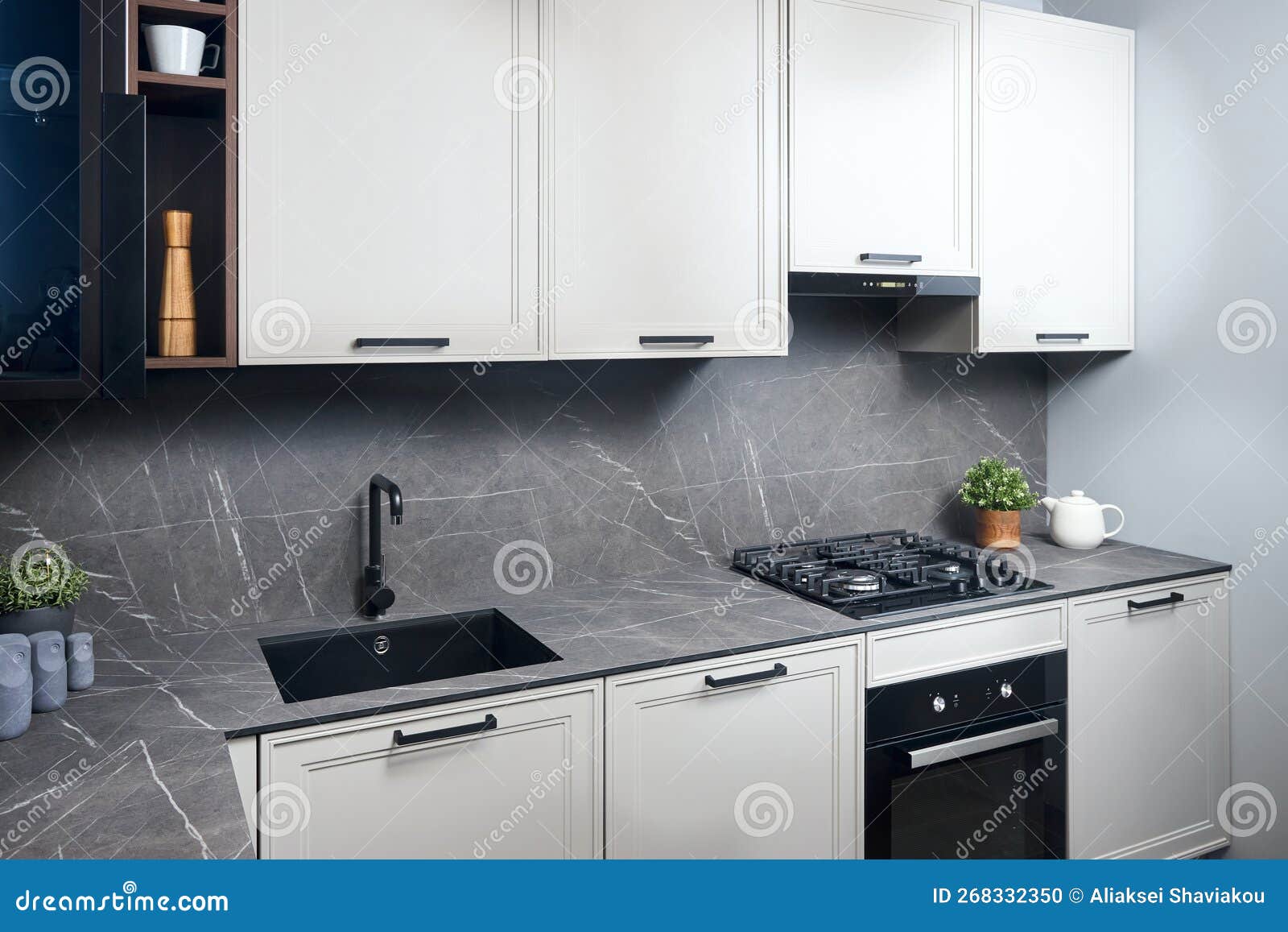 Interior of White and Grey Kitchen, Horizontal, Linear Layout. Luxury ...
