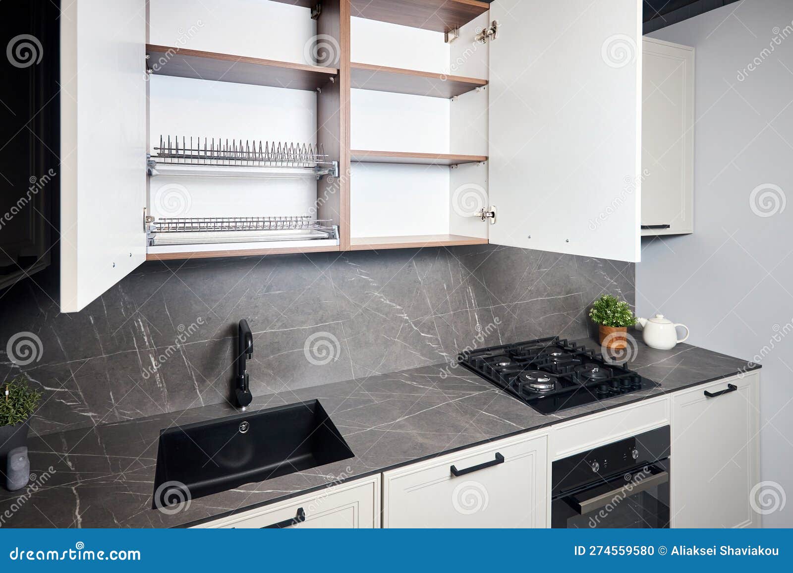 Interior of White and Grey Kitchen, Horizontal Linear Layout. Luxury ...