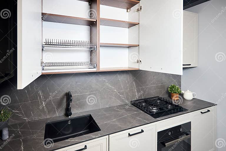 Interior of White and Grey Kitchen, Horizontal Linear Layout. Luxury ...