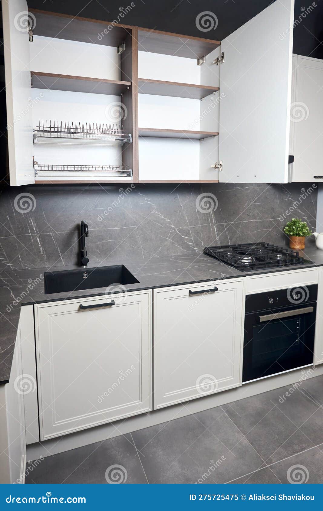Interior of White and Grey Kitchen, Horizontal Linear Layout. Luxury ...