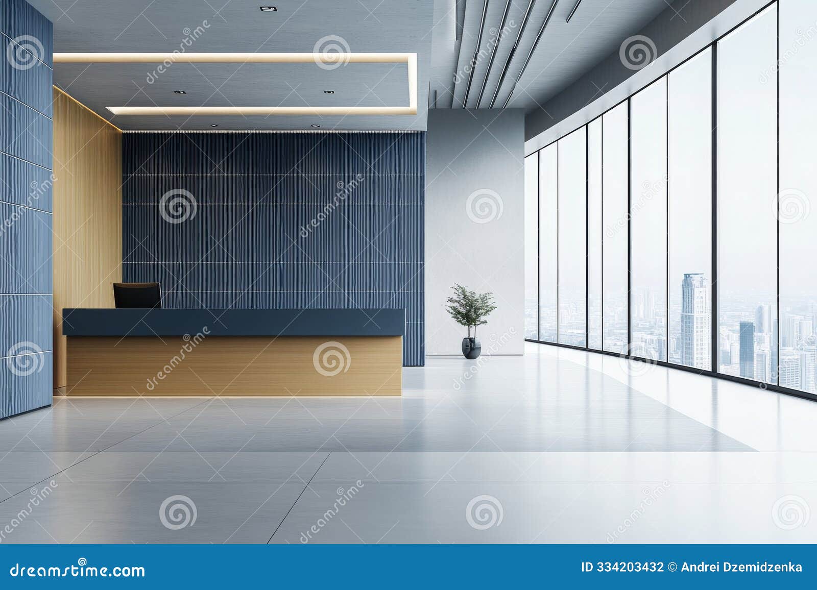 The Interior of a White Office Waiting Room Has a Blue Reception Area ...