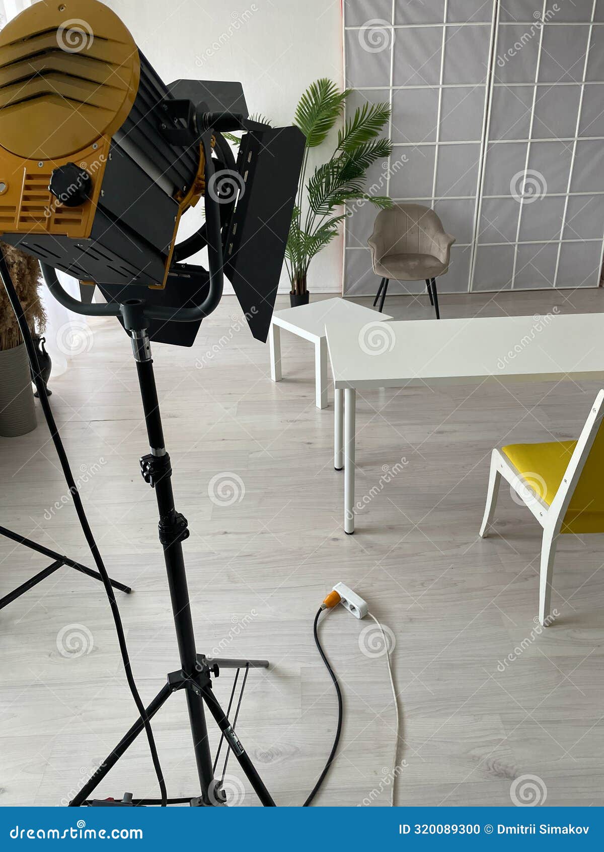 Interior of a White Photo Studio with Spotlights and a Table Stock ...