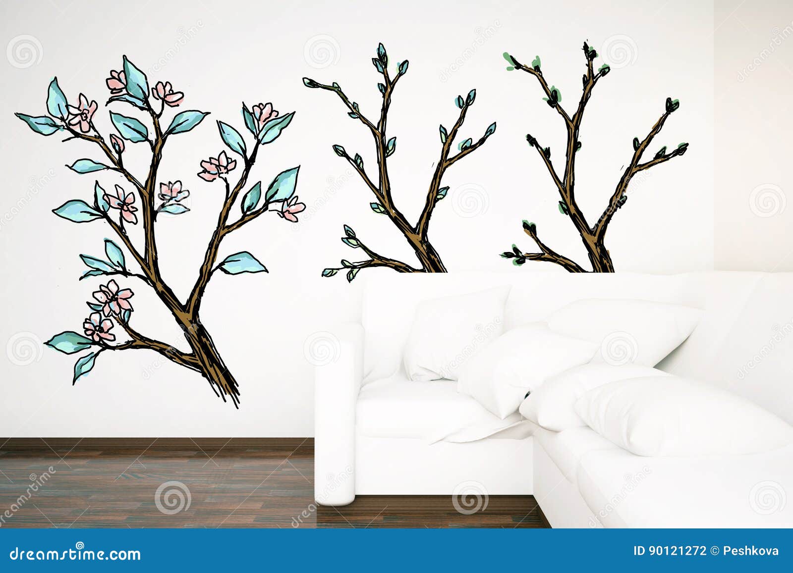 Interior with White Sofa and Drawn Trees Stock Illustration ...