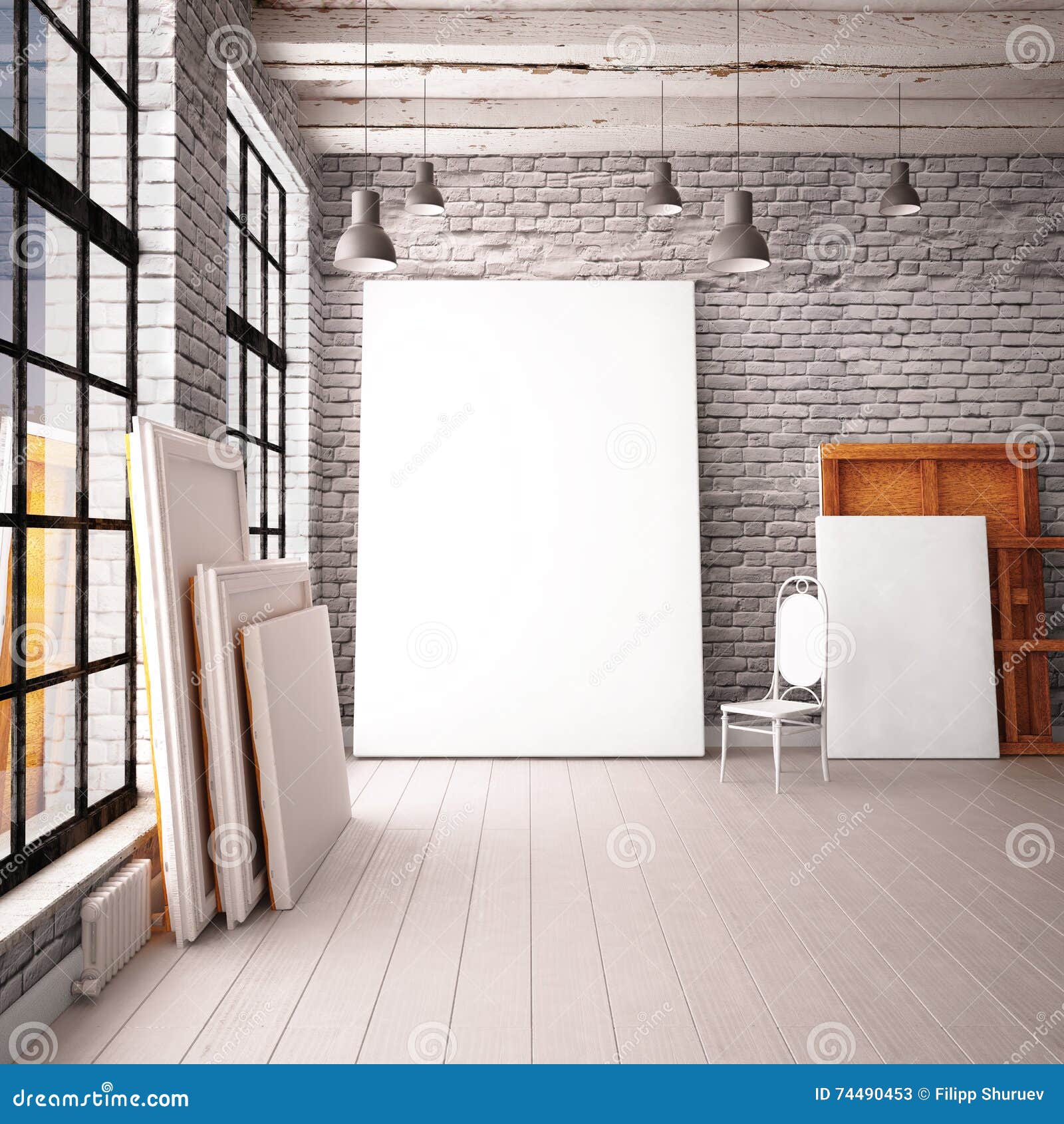 Interior with a Window in the Loft-style with Posters and Paintings ...