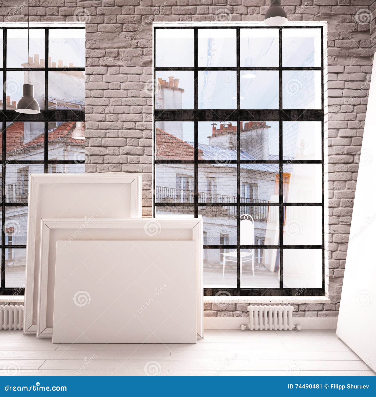 Interior with a Window in the Loft-style with Posters and Paintings ...