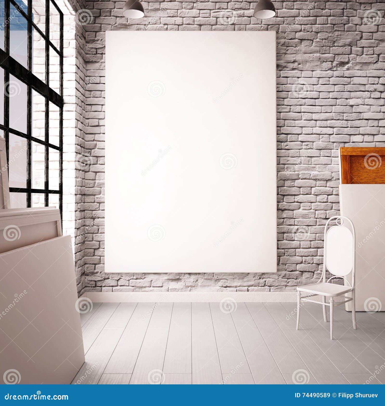 Interior with a Window in the Loft-style with Posters and Paintings ...