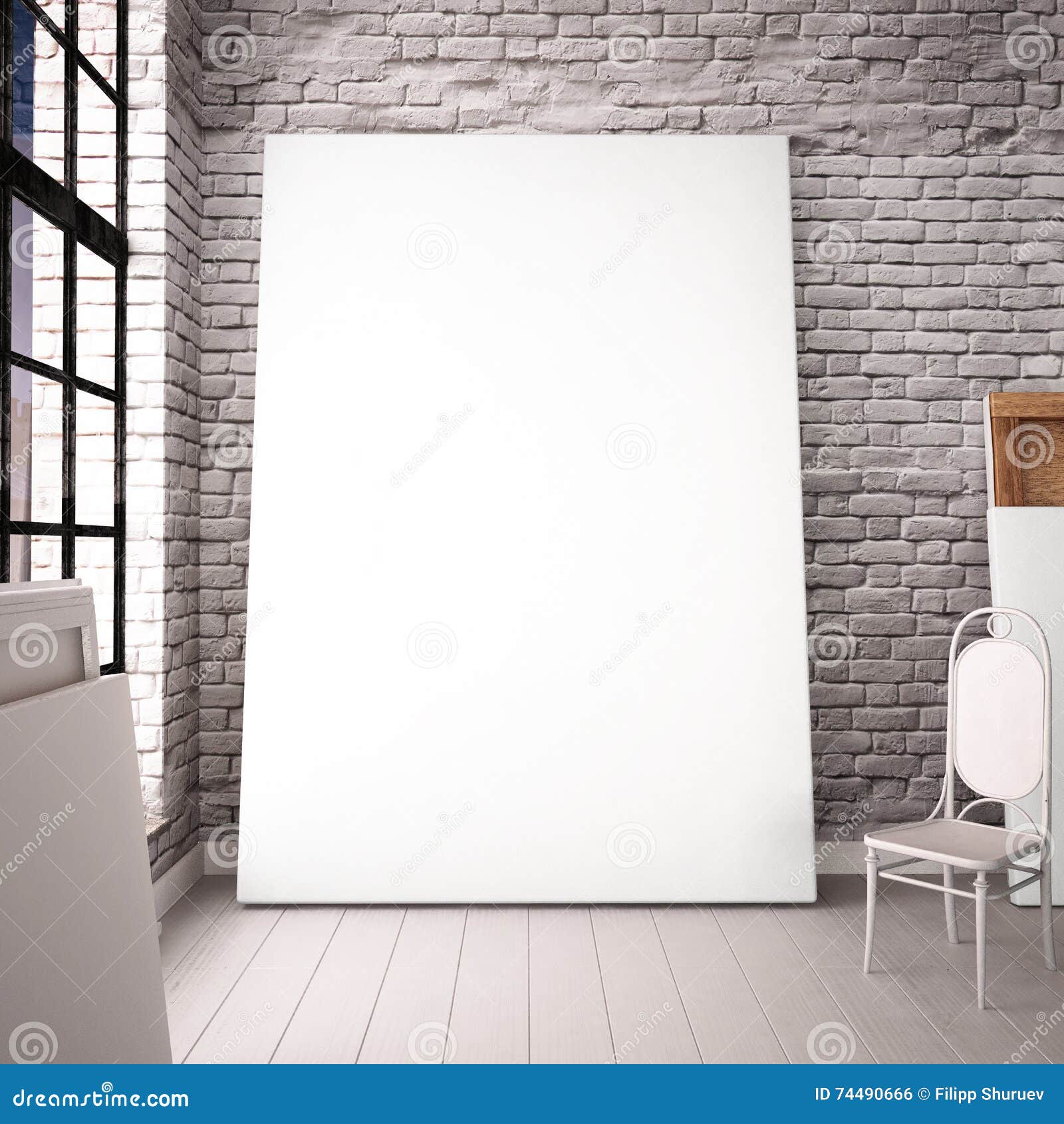 Interior with a Window in the Loft-style with Posters and Paintings ...