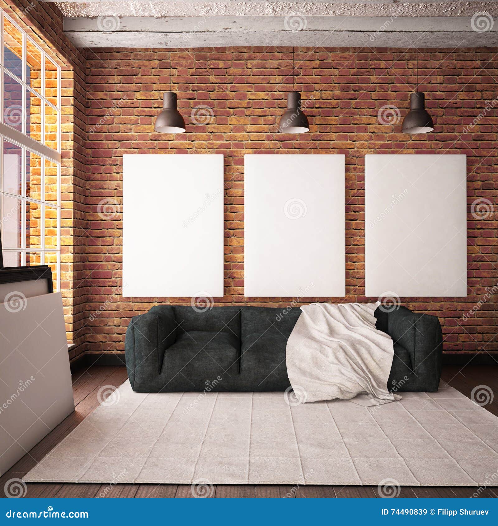 Interior with a Window in the Loft-style with Posters and Paintings ...