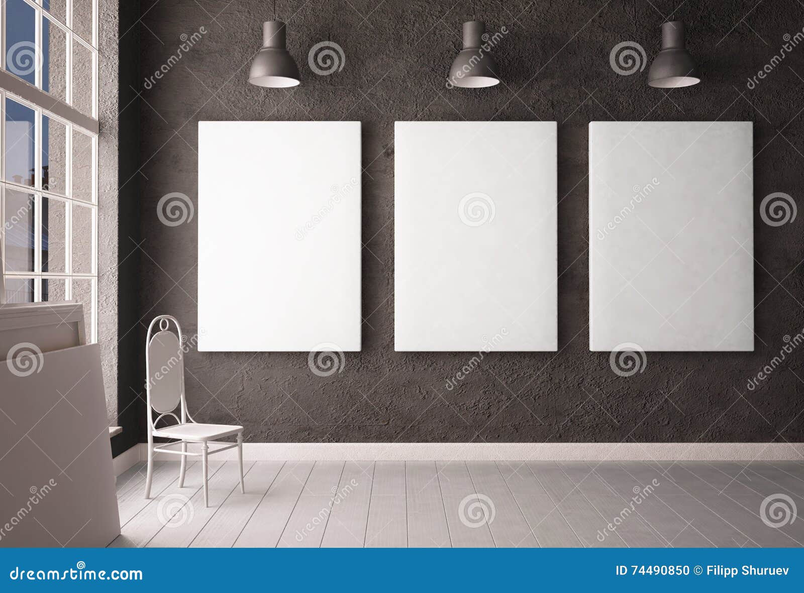 Interior with a Window in the Loft-style with Posters and Paintings ...