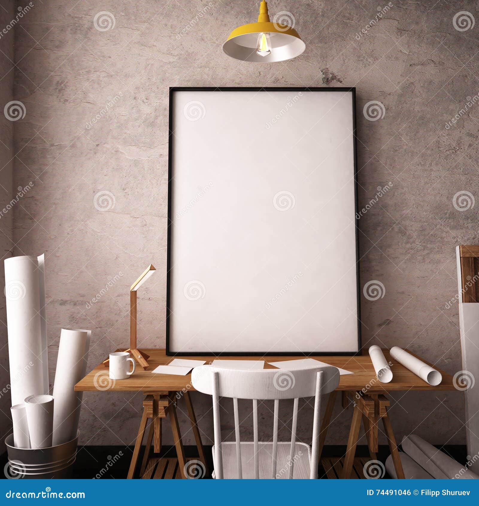 Interior with a Window in the Loft-style with Posters and Paintings ...