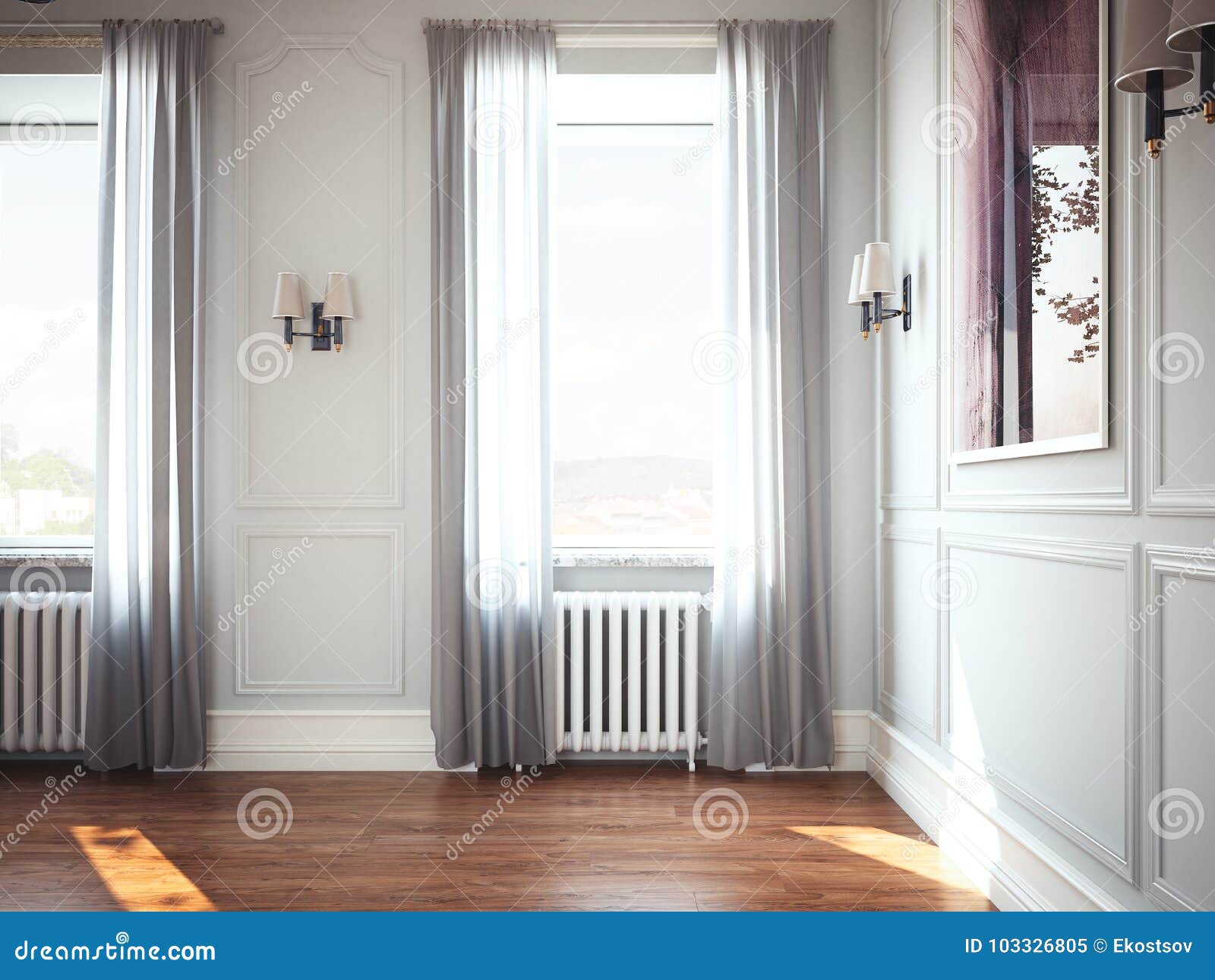 Interior with Windows and Curtains. 3d Rendering Stock Illustration ...