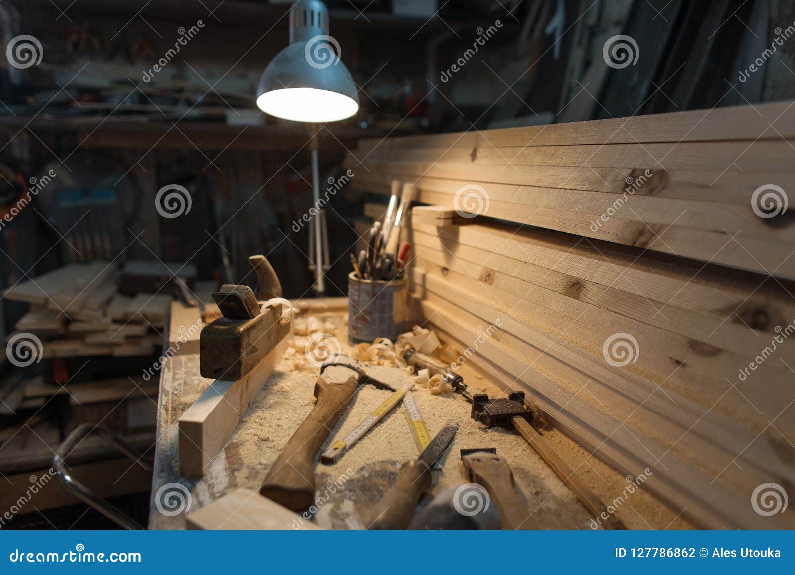 Interior of the Wood Workshop. Carpenter`s Work Table with Tool Stock ...