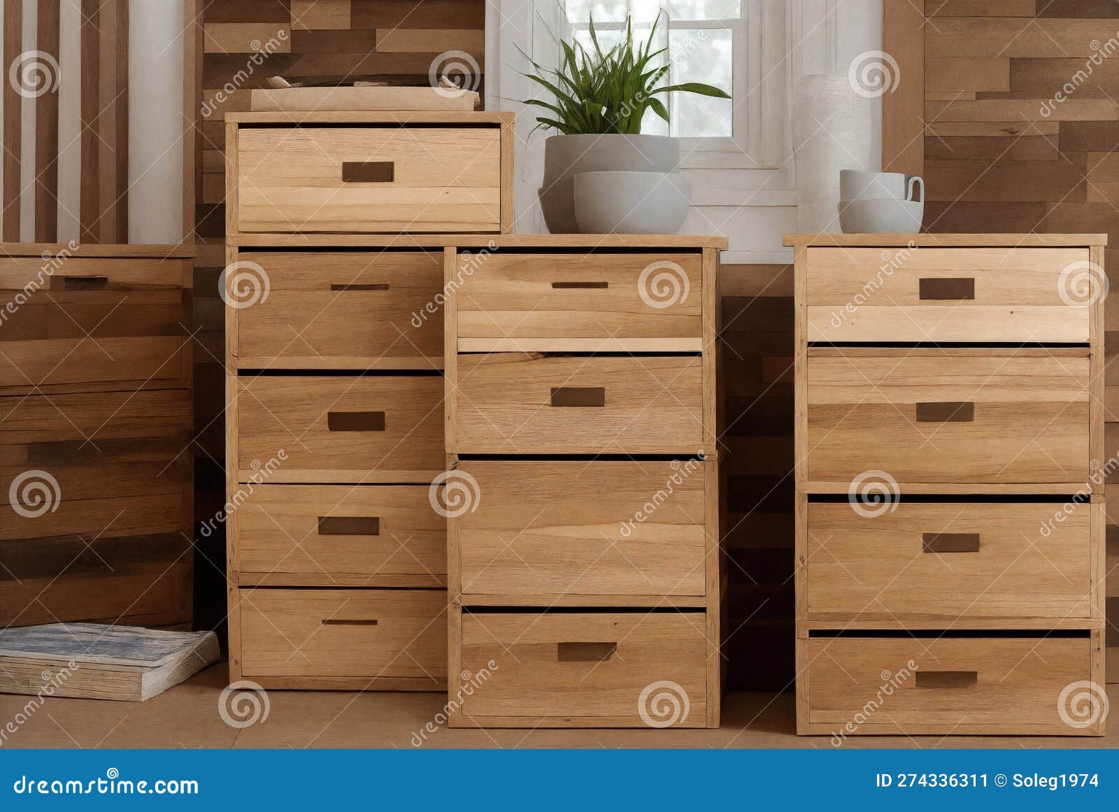 Interior with Wooden Furniture, a Stack of Wooden Drawers, Boxes ...