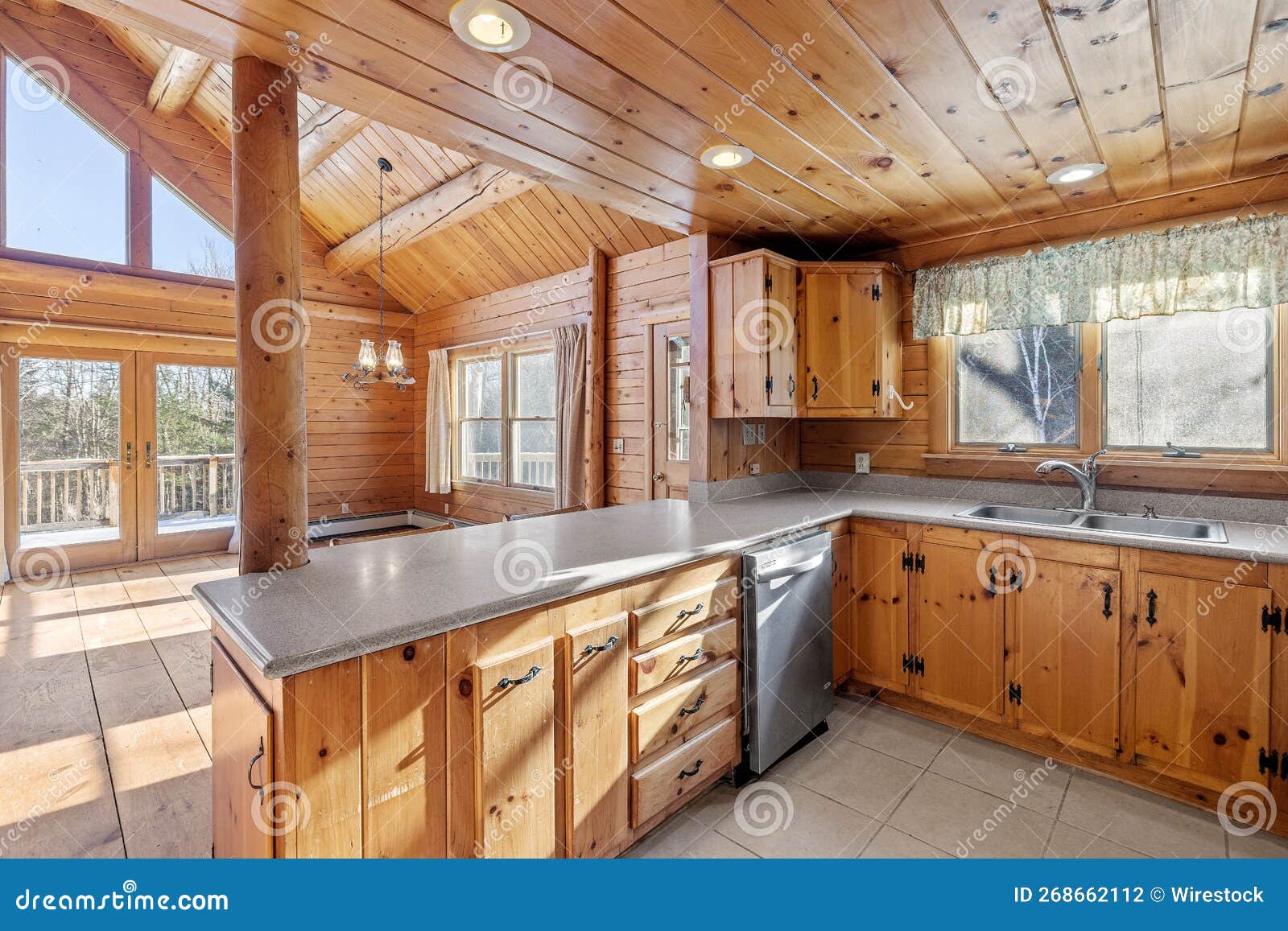 Interior of a wooden house stock photo. Image of curtains - 268662112