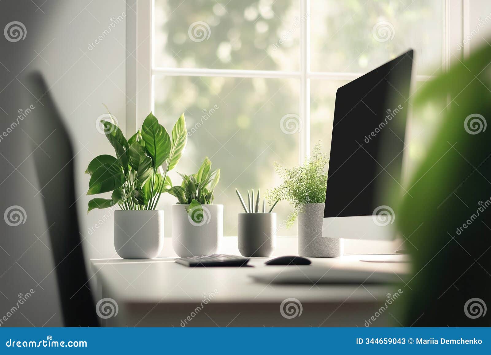 Interior Workspace with Computer, Minimalist Design, Green Plants on ...