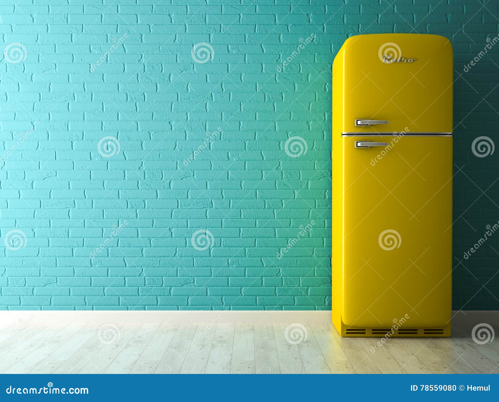 Interior with Yellow Fridge 3D Rendering Stock Illustration ...