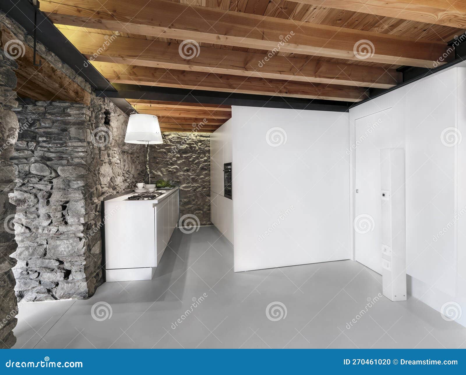Interiors Shots of a Modern Kitchen with Concrete Floor and the Wooden ...