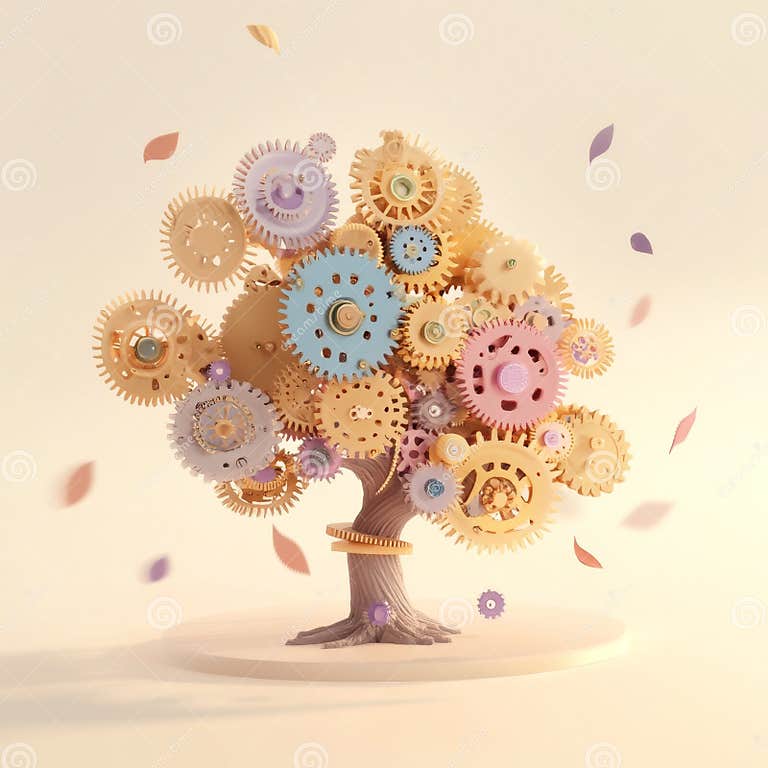 Interlocking 3D Abstract Gears and Tree Branches Symbolizing Innovation ...