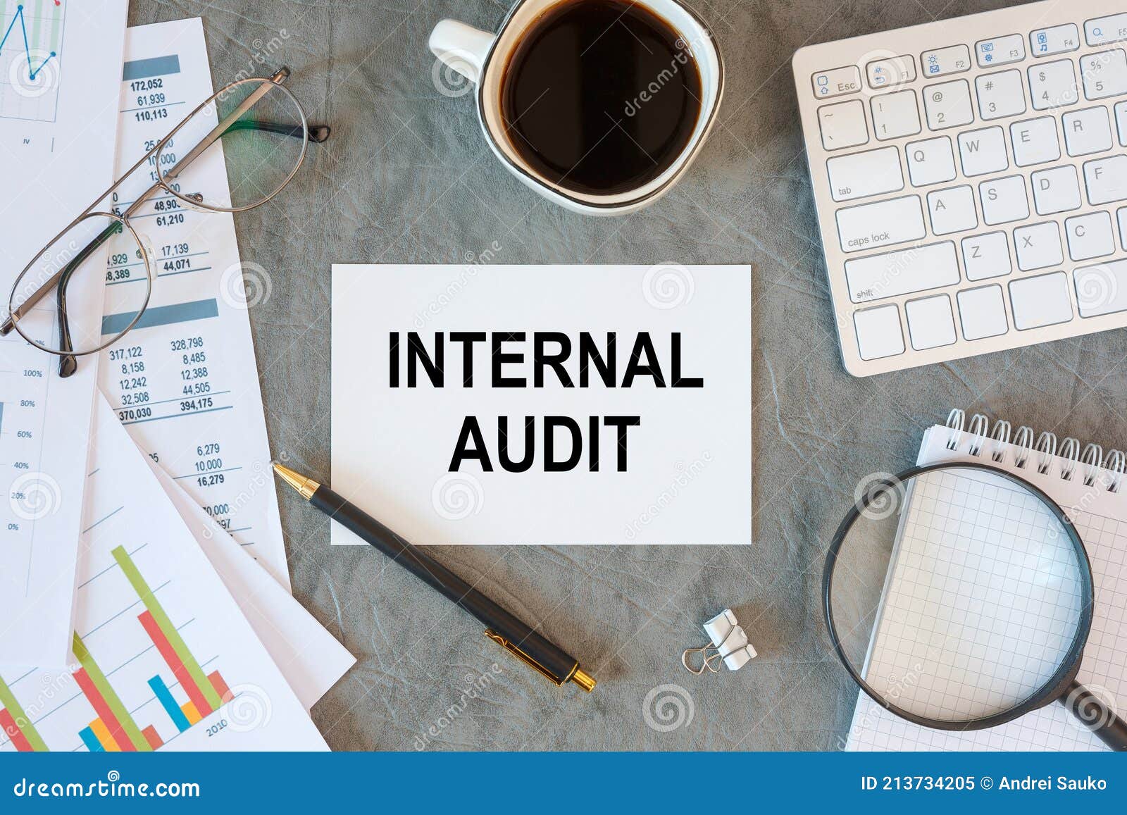 INTERNAL AUDIT is Written in a Document on the Office Desk, Coffee ...