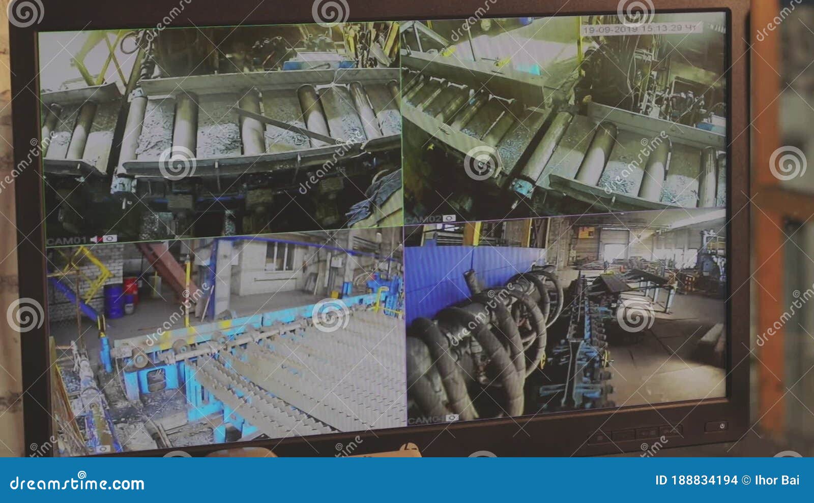 Internal Cameras for Factory Security. Multiscreen Shows Video from ...