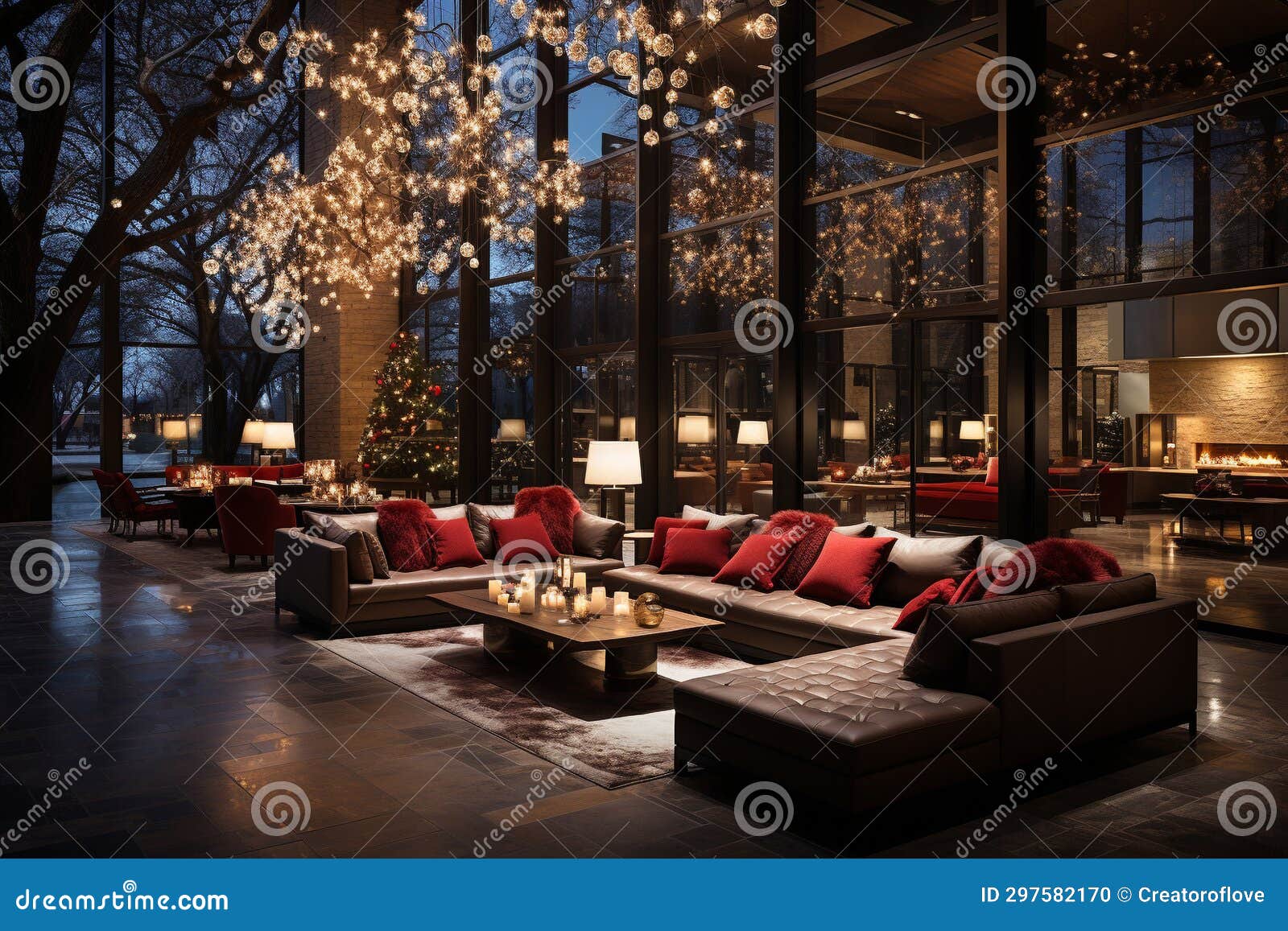 Internal View of Christmas-themed Hotel Lobby Stock Illustration ...