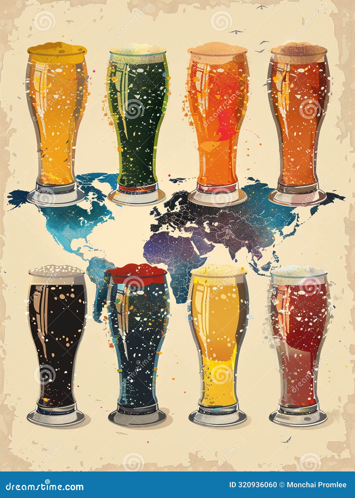 International Beer Varieties, Flat Design, Top View, World Map Theme ...