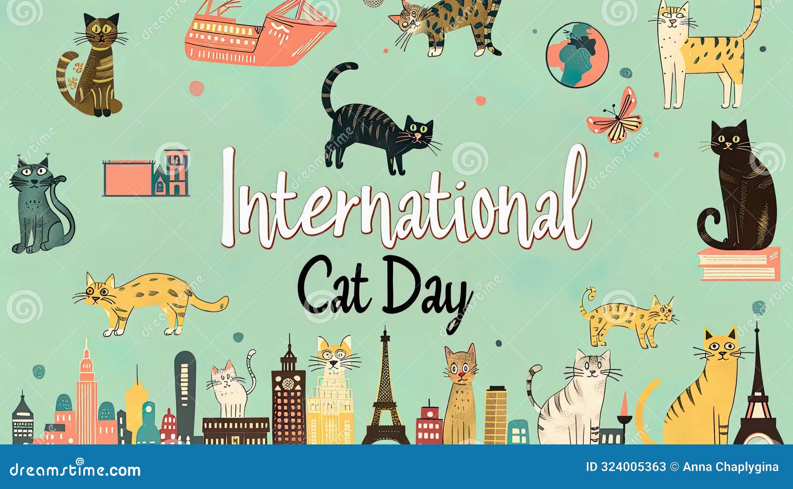 International Cat Day Celebration Text Card with Cats from Around the ...