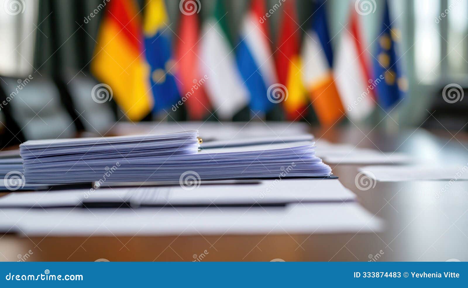 International Conference Table with Documents and Flags Stock ...