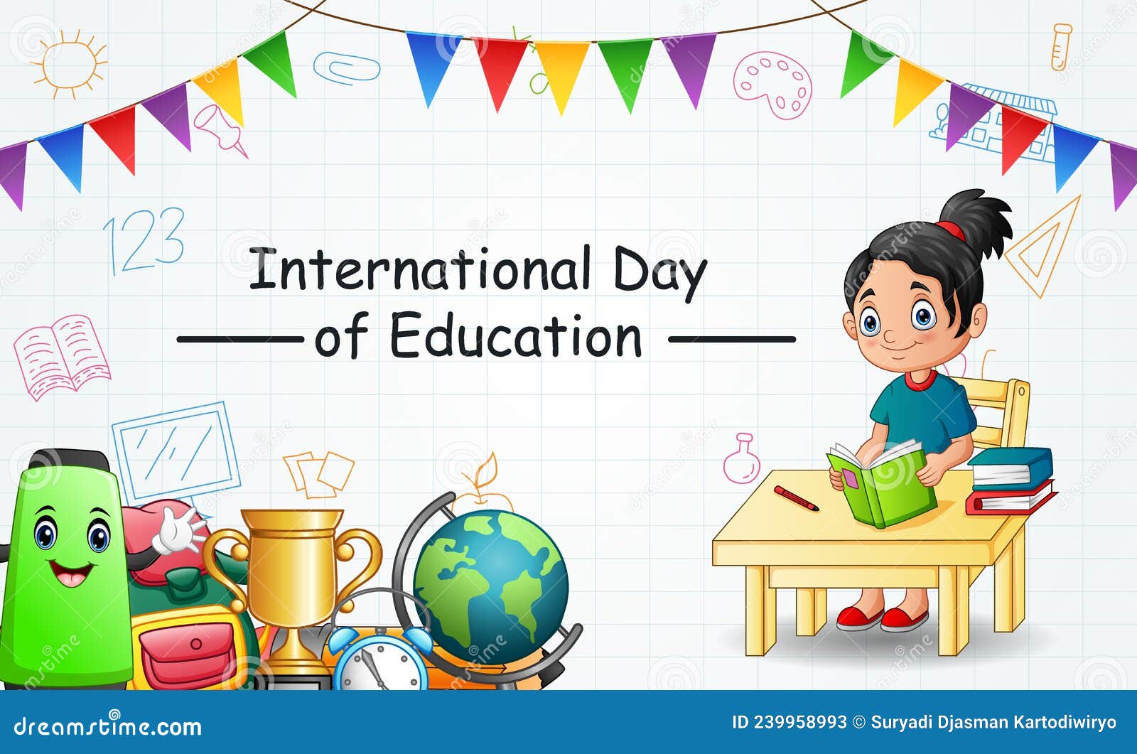 International Education Day with Smart Boy Learning Stock Illustration ...