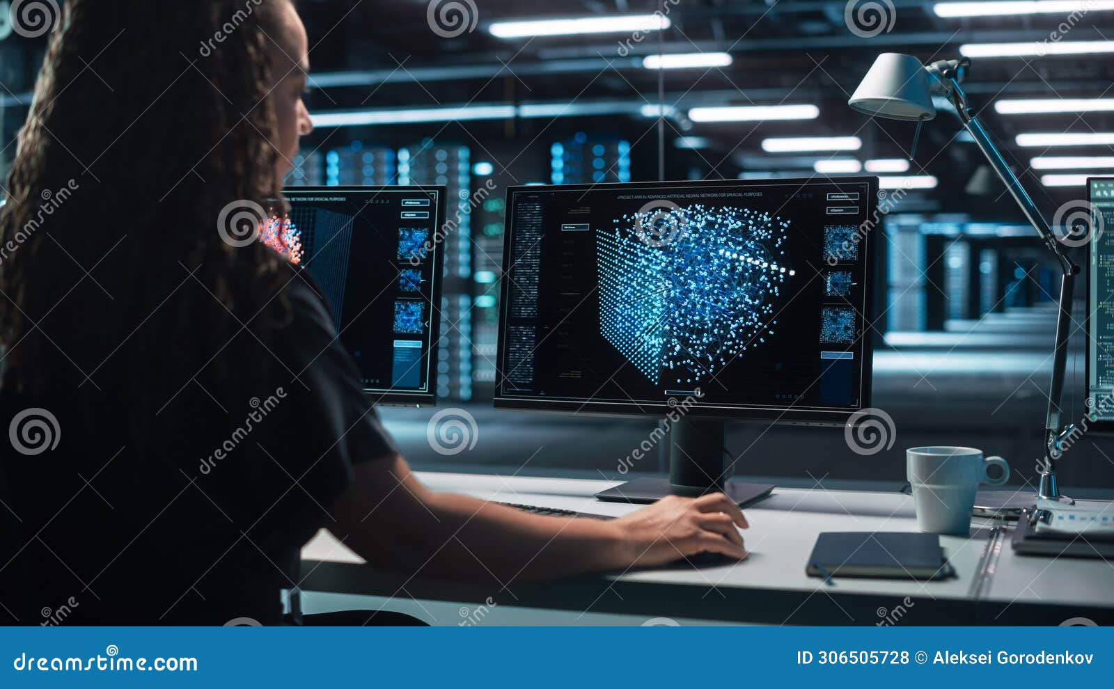 Network Workstation Blue Server Room Interior In Data Centre. Web ...