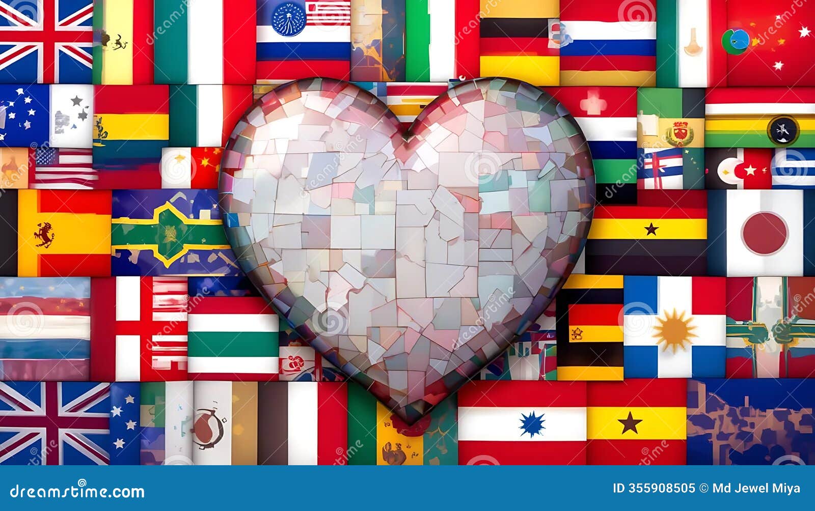 International Flags, Heart Shape, Mosaic Pattern, Global Unity Stock ...