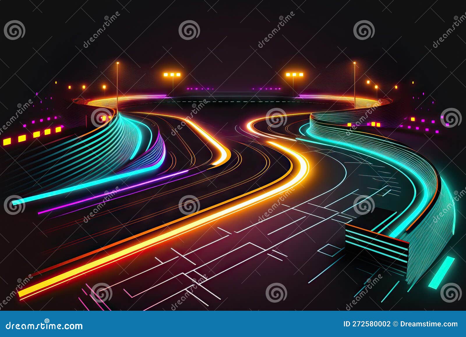 International Race Track in the Night with Railing and Neon Light Arrow ...
