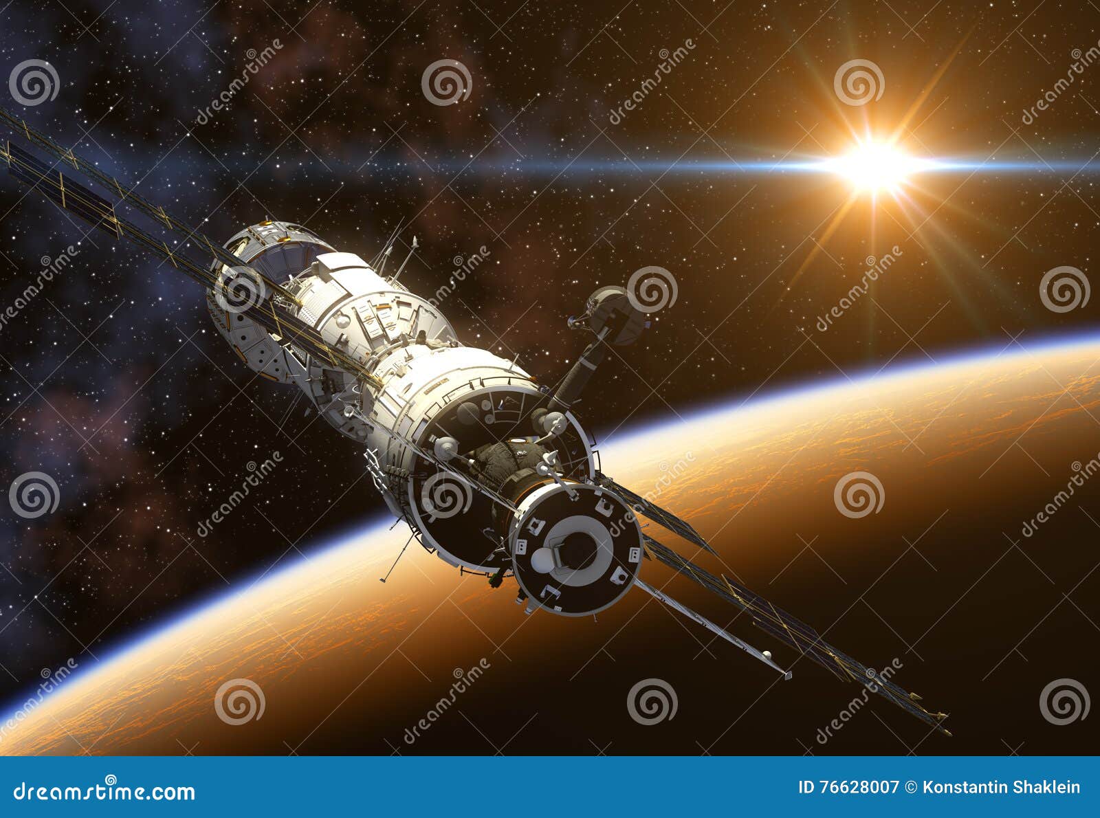 International Space Station on Background of the Sun Stock Illustration ...