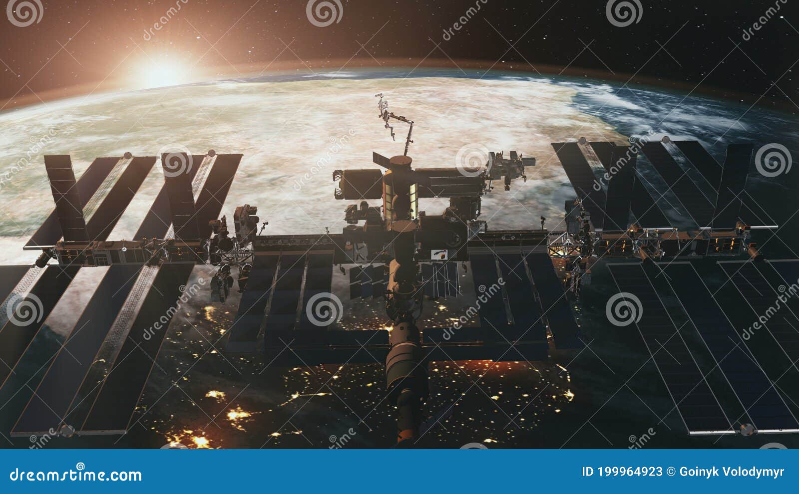 International Space Station at Earth Sunset in 3d Animation. Spatial ...