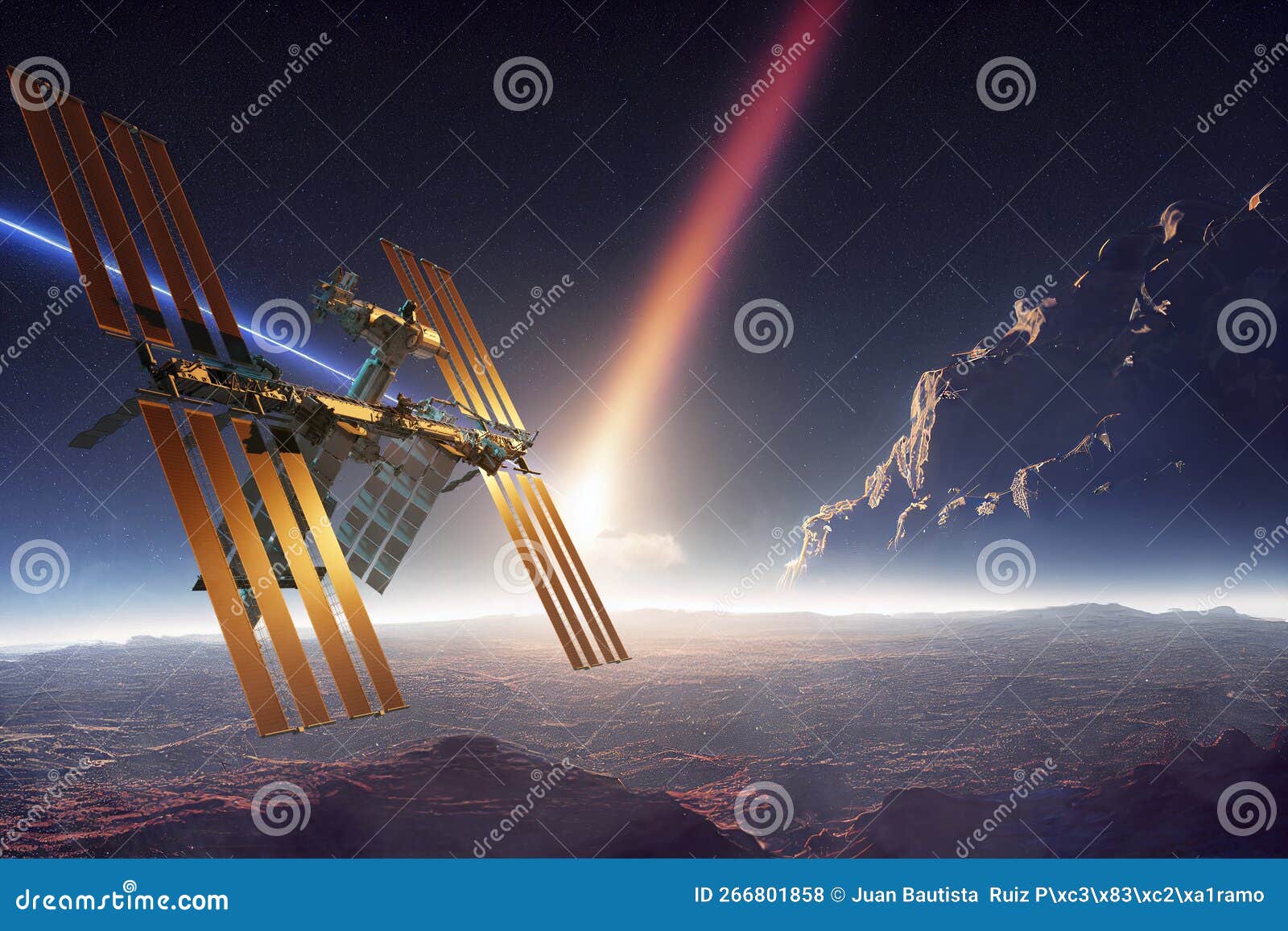 International Space Station on Orbit of Earth Planet. ISS. Clouds and ...