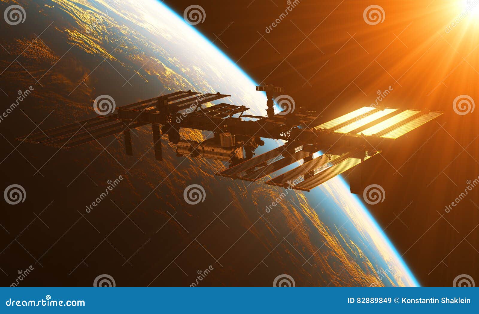 International Space Station in the Rays of Sun Stock Illustration ...