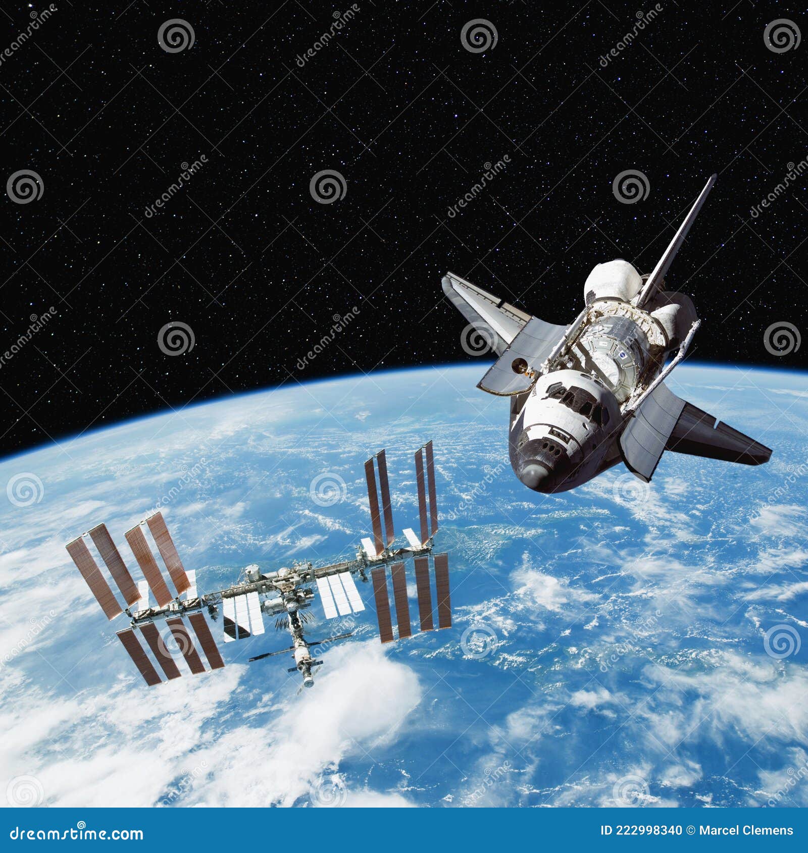 International Space Station and the Space Shuttle in Orbit Stock Photo ...
