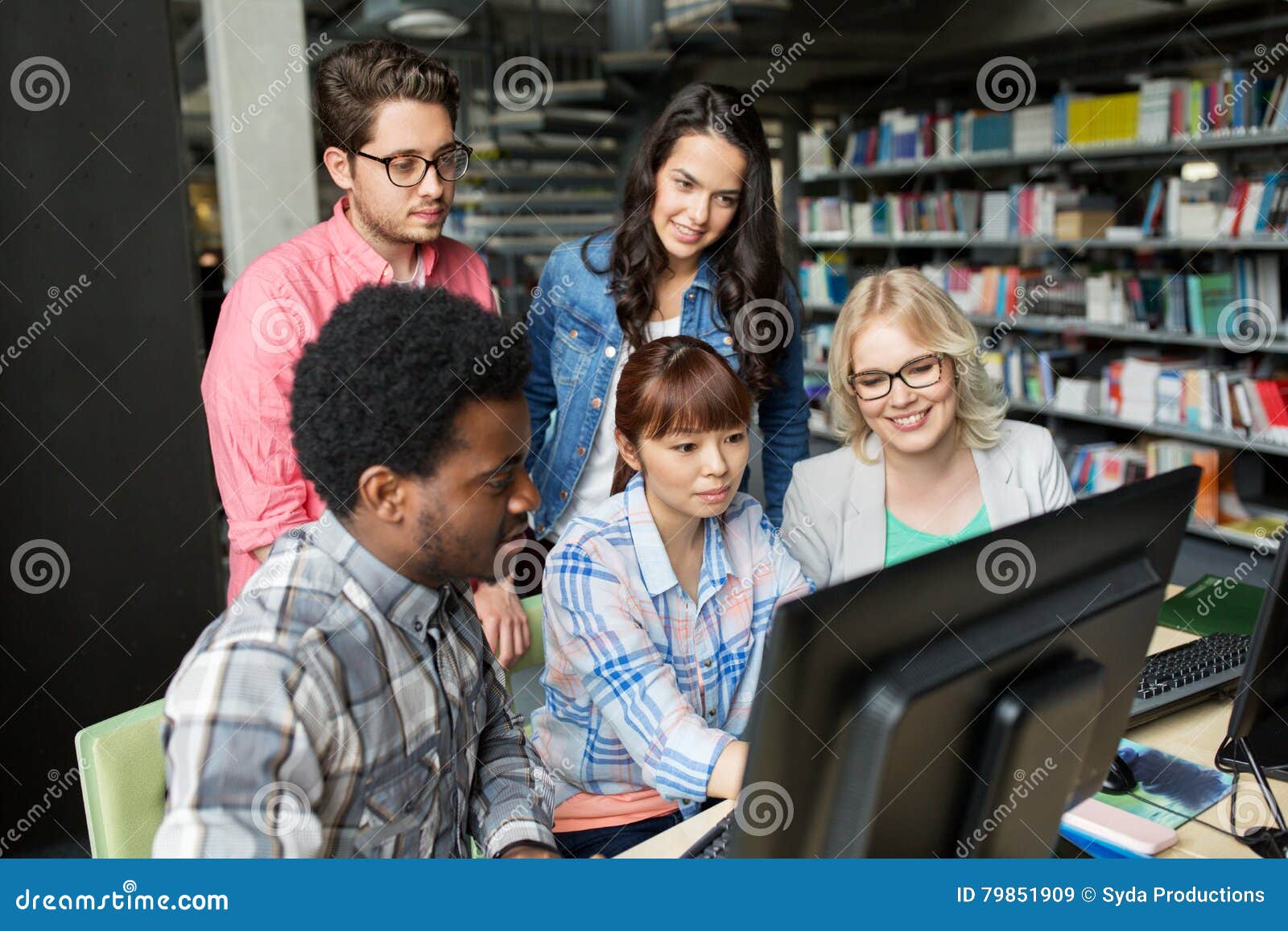 International Students with Computers at Library Stock Image - Image of ...