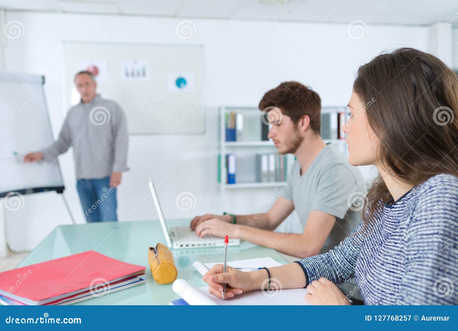 International Students and Teacher Standing at White Board at Lecture ...